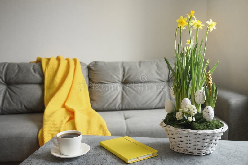 Spring Easter Home Interior in Living Room with Cup of Coffee. Stock ...