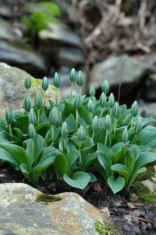 Spring Hosta Buds Emerging between Rocks, Green Plant Sprouts in the ...
