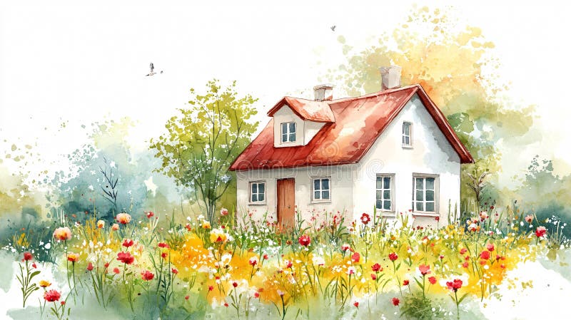 Spring House Watercolor Illustration with Flower Blossoms Stock ...