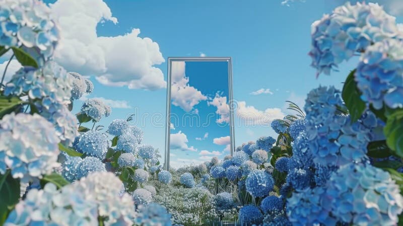Spring Hydrangea Flower Field with Sky Reflection in Mirror. 3D ...