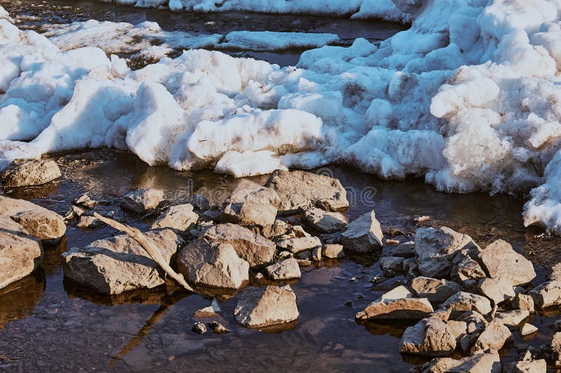 Spring Ice Drift on the River. Stones on the Coast. Melting Ice. Sunny ...