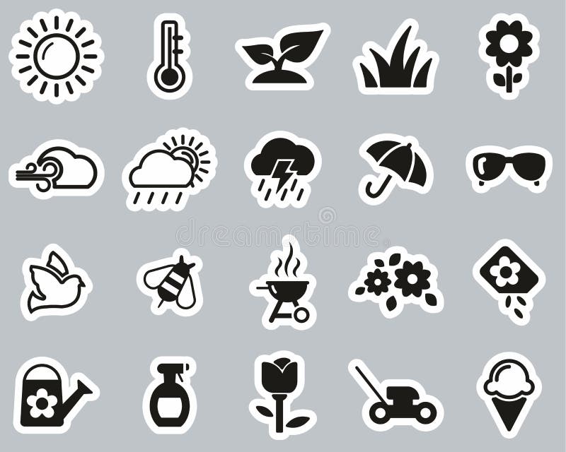 Spring Icons Black & White Sticker Set Big Stock Vector - Illustration ...