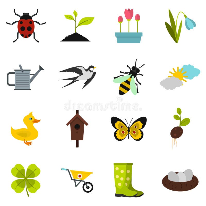 Spring Icons Set, Flat Style Stock Vector - Illustration of nest ...