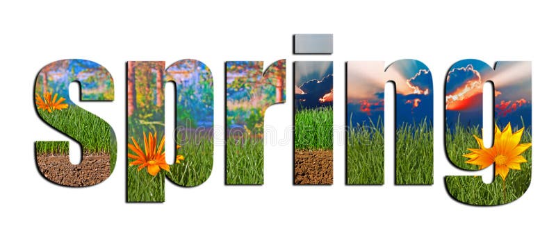 Spring Images Inside Spring Text on a White Background Stock ...