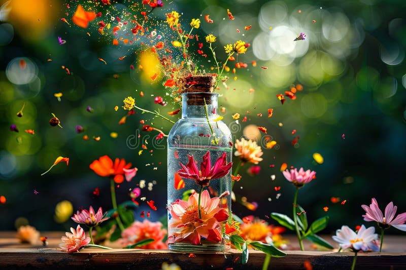 Spring Inside a Bottle Exploding Spreading Vivid Colors Flowers ...