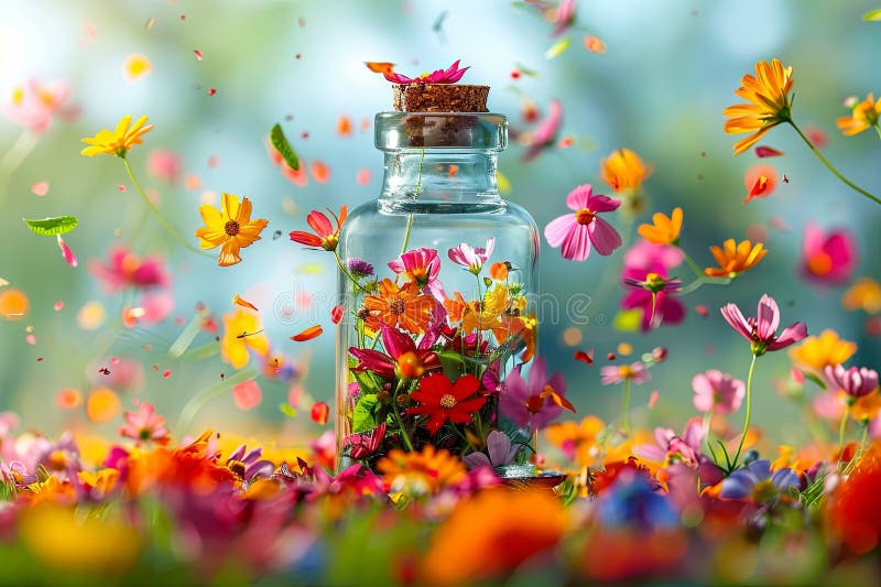 Spring Inside a Bottle Exploding Spreading Vivid Colors Flowers ...