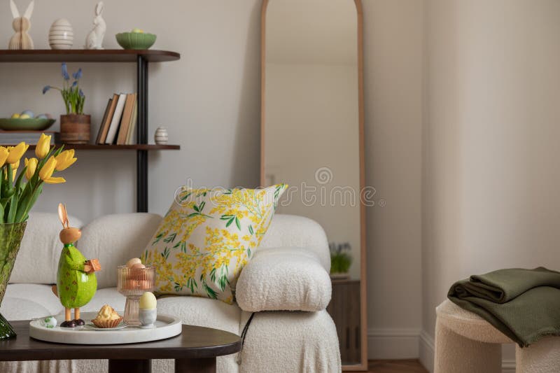 Spring-inspired Easter Display with Fresh Yellow Tulips, Ceramic Bunny ...