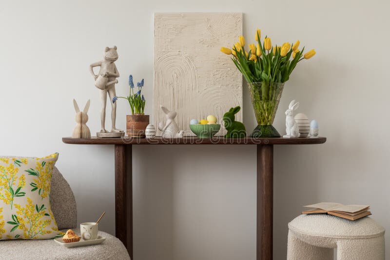 Spring-inspired Easter Display with Fresh Yellow Tulips, Ceramic Bunny ...