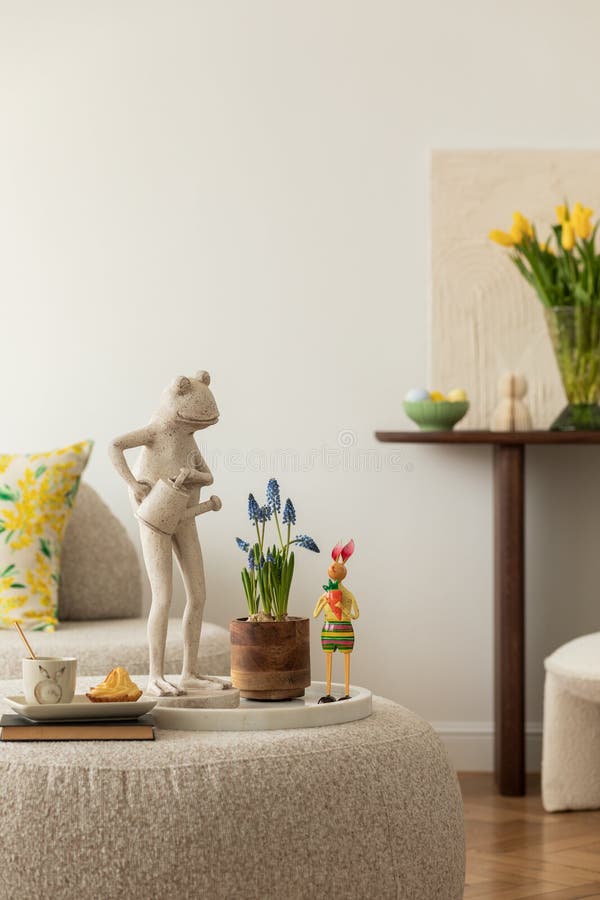 Spring-inspired Easter Display with Fresh Yellow Tulips, Ceramic Bunny ...