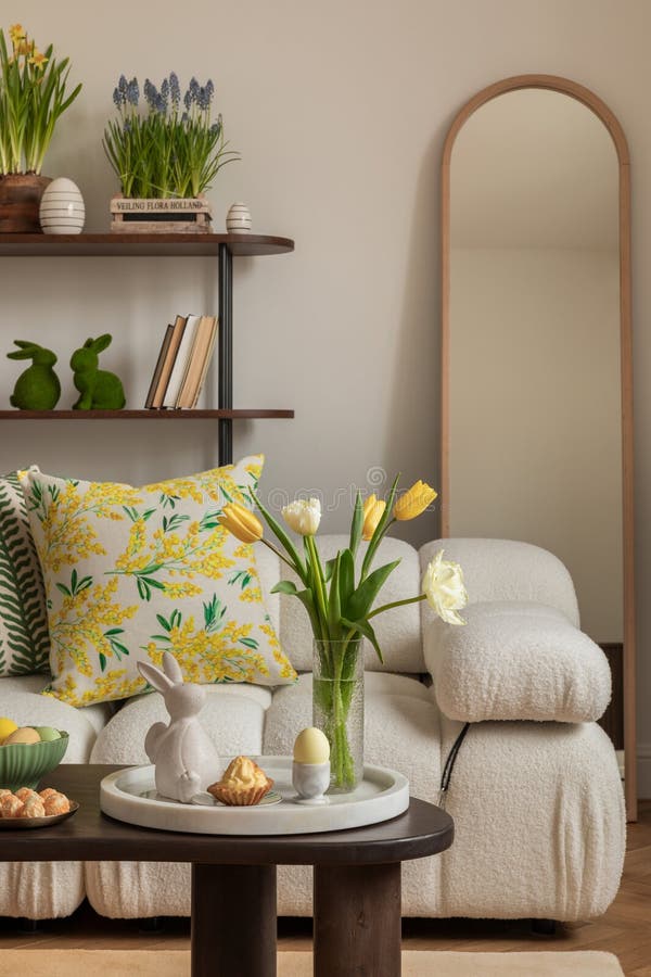 Spring-inspired Easter Display with Fresh Yellow Tulips, Ceramic Bunny ...