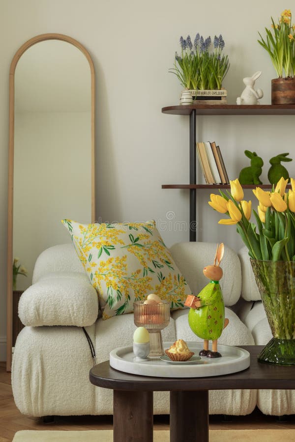 Spring-inspired Easter Display with Fresh Yellow Tulips, Ceramic Bunny ...