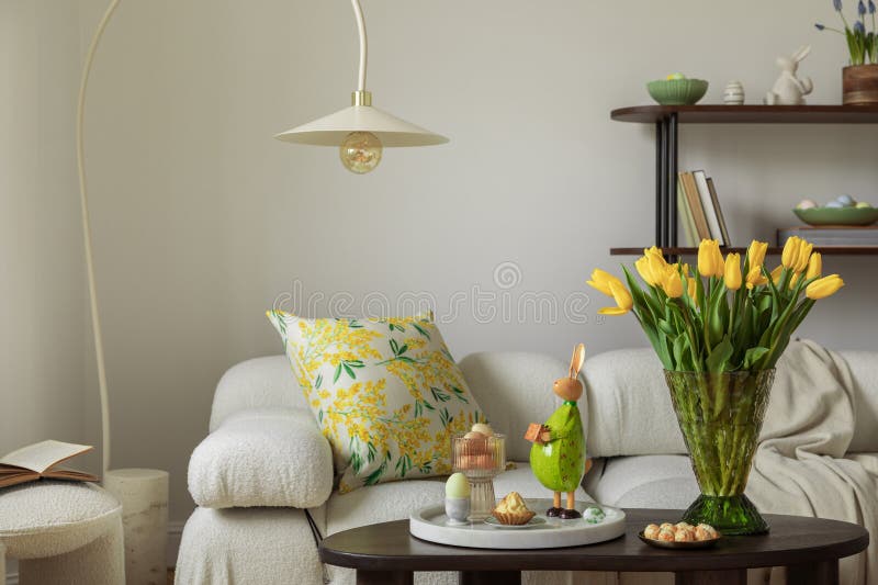 Spring-inspired Easter Display with Fresh Yellow Tulips, Ceramic Bunny ...