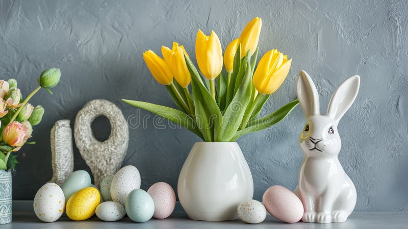 Spring-inspired Easter Display with Fresh Yellow Tulips, Ceramic Bunny ...