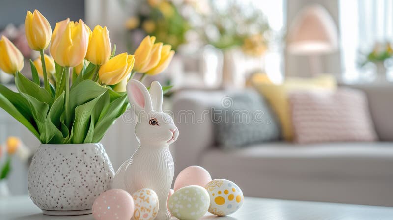 Spring-inspired Easter Display with Fresh Yellow Tulips, Ceramic Bunny ...