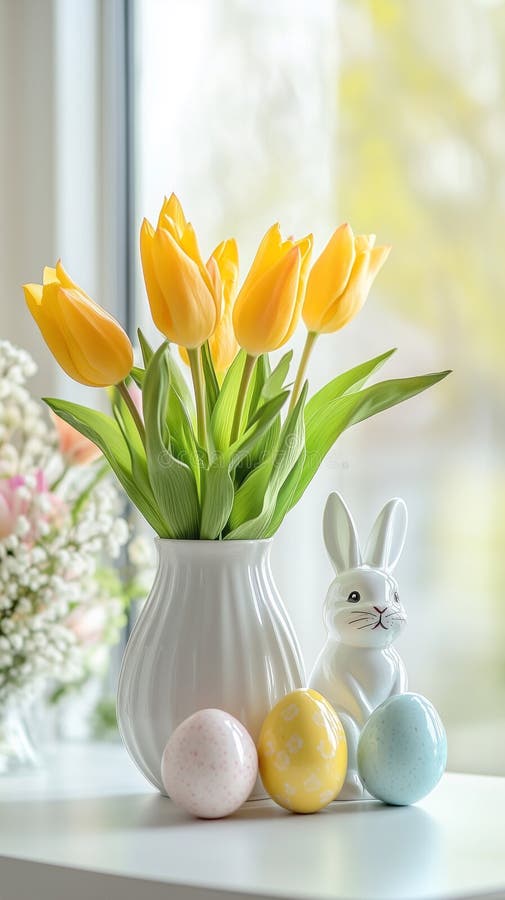Spring-inspired Easter Display with Fresh Yellow Tulips, Ceramic Bunny ...