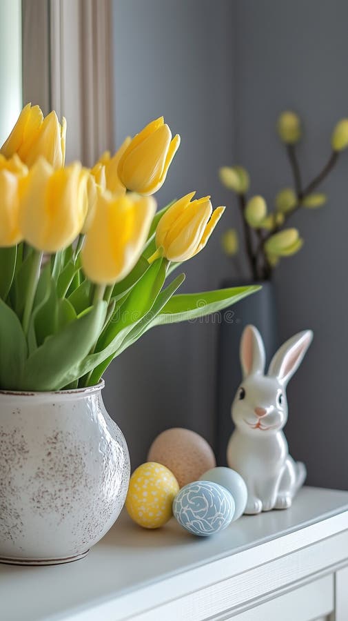 Spring-inspired Easter Display with Fresh Yellow Tulips, Ceramic Bunny ...