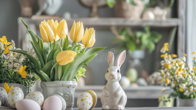 Spring-inspired Easter Display with Fresh Yellow Tulips, Ceramic Bunny ...
