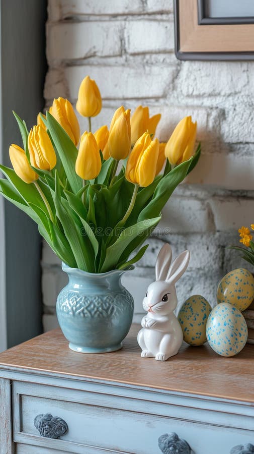 Spring-inspired Easter Display with Fresh Yellow Tulips, Ceramic Bunny ...
