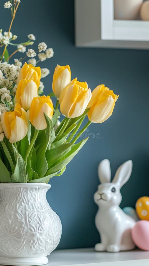 Spring-inspired Easter Display with Fresh Yellow Tulips, Ceramic Bunny ...