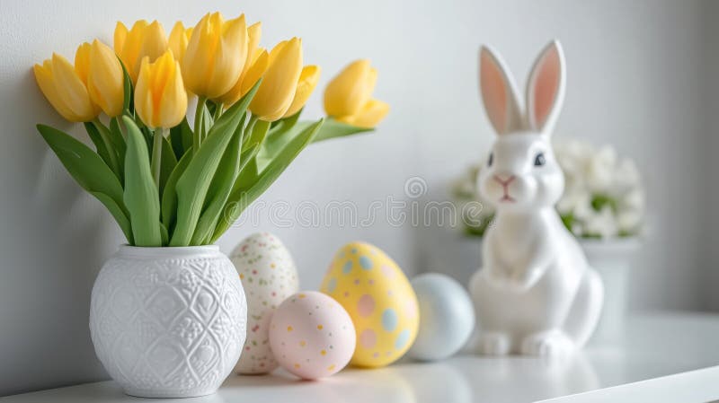 Spring-inspired Easter Display with Fresh Yellow Tulips, Ceramic Bunny ...