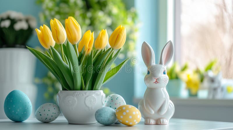 Spring-inspired Easter Display with Fresh Yellow Tulips, Ceramic Bunny ...