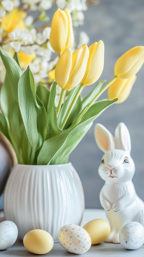 Spring-inspired Easter Display with Fresh Yellow Tulips, Ceramic Bunny ...