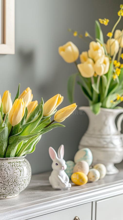 Spring-inspired Easter Display with Fresh Yellow Tulips, Ceramic Bunny ...