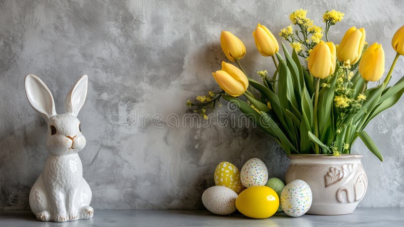 Spring-inspired Easter Display with Fresh Yellow Tulips, Ceramic Bunny ...