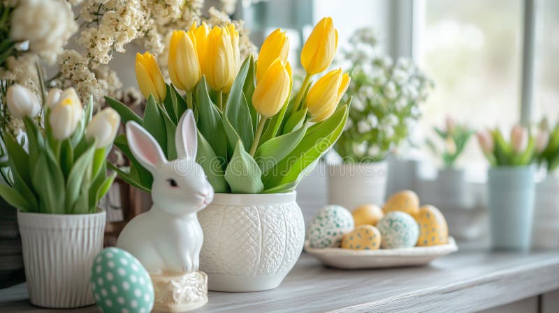 Spring-inspired Easter Display with Fresh Yellow Tulips, Ceramic Bunny ...