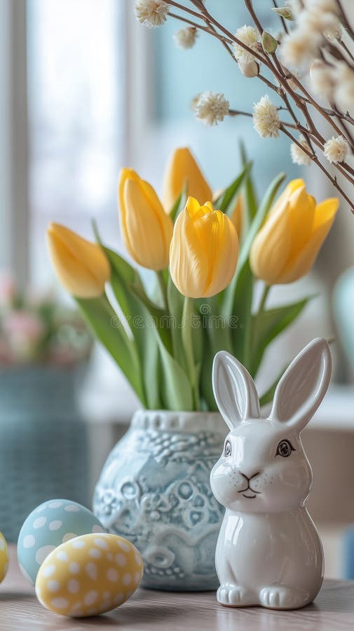 Spring-inspired Easter Display with Fresh Yellow Tulips, Ceramic Bunny ...