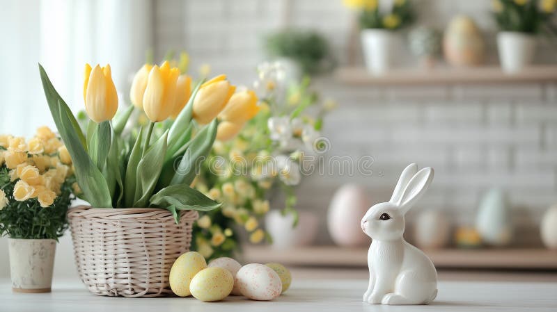 Spring-inspired Easter Display with Fresh Yellow Tulips, Ceramic Bunny ...