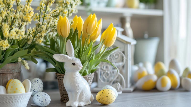 Spring-inspired Easter Display with Fresh Yellow Tulips, Ceramic Bunny ...