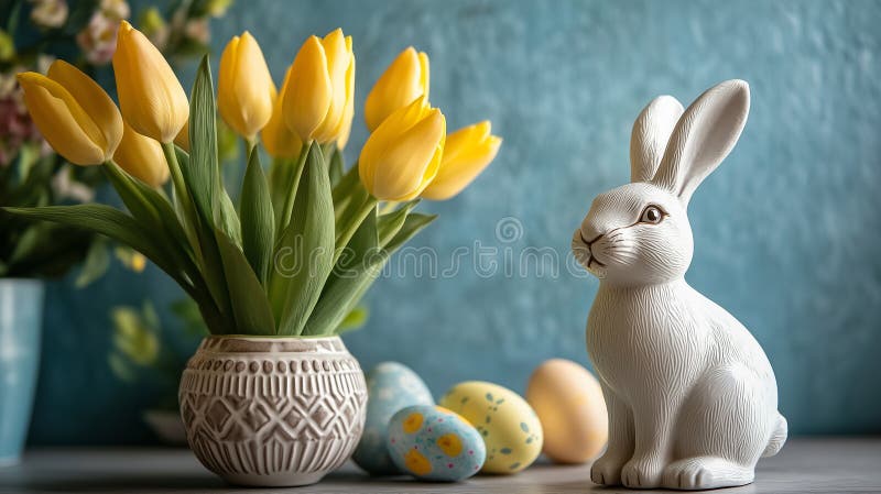 Spring-inspired Easter Display with Fresh Yellow Tulips, Ceramic Bunny ...