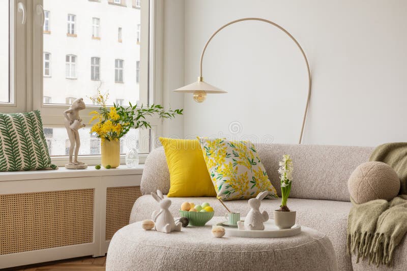 Spring-inspired Easter Display with Fresh Yellow Tulips, Ceramic Bunny ...