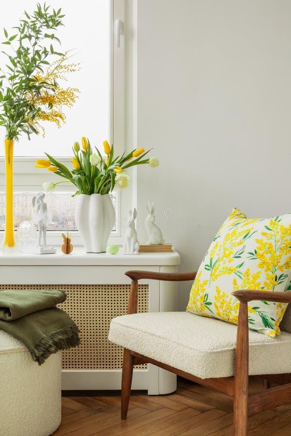 Spring-inspired Easter Display with Fresh Yellow Tulips, Ceramic Bunny ...