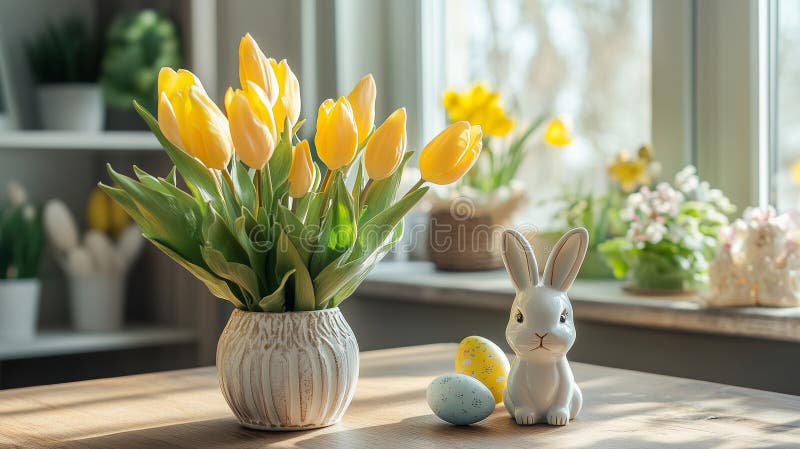 Spring-inspired Easter Display with Fresh Yellow Tulips, Ceramic Bunny ...
