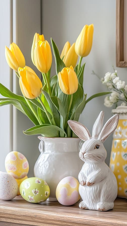 Spring-inspired Easter Display with Fresh Yellow Tulips, Ceramic Bunny ...