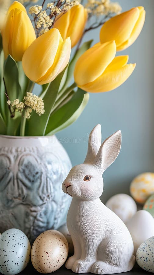 Spring-inspired Easter Display with Fresh Yellow Tulips, Ceramic Bunny ...