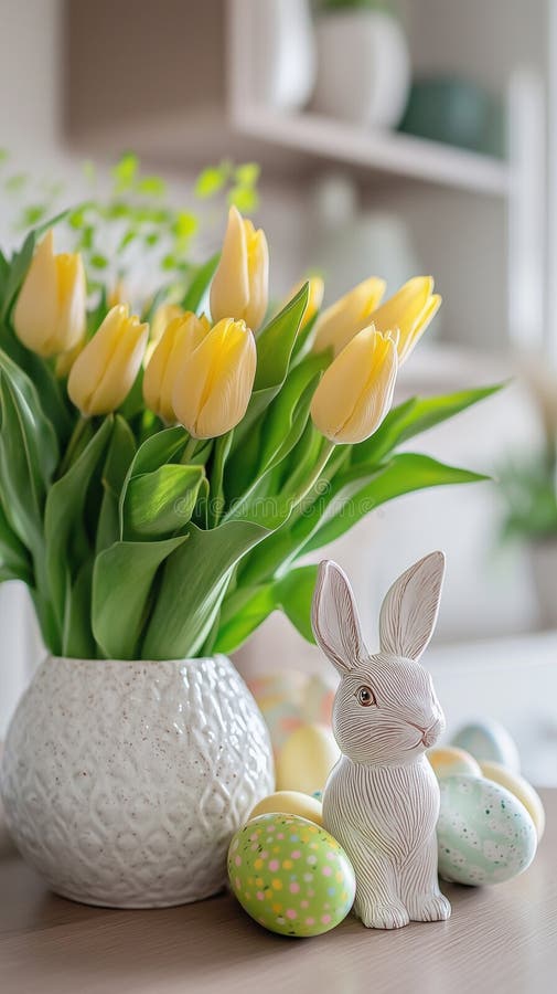 Spring-inspired Easter Display with Fresh Yellow Tulips, Ceramic Bunny ...