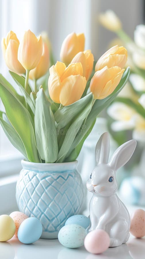 Spring-inspired Easter Display with Fresh Yellow Tulips, Ceramic Bunny ...