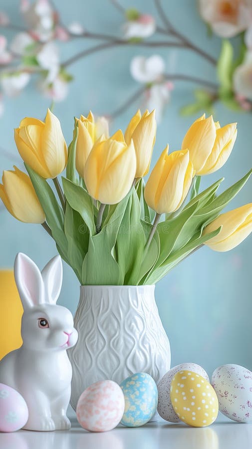 Spring-inspired Easter Display with Fresh Yellow Tulips, Ceramic Bunny ...