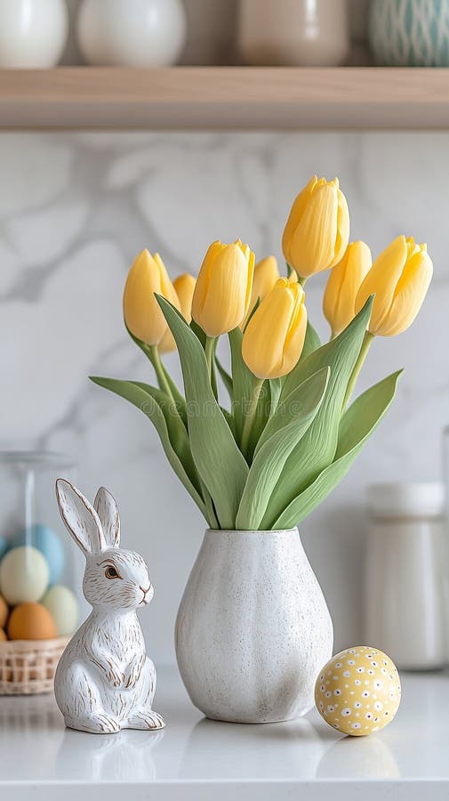 Spring-inspired Easter Display with Fresh Yellow Tulips, Ceramic Bunny ...