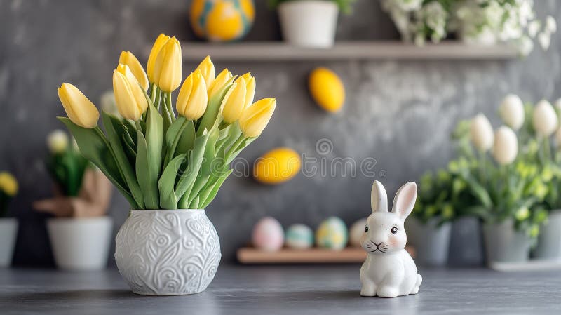 Spring-inspired Easter Display with Fresh Yellow Tulips, Ceramic Bunny ...