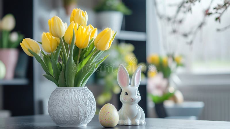 Spring-inspired Easter Display with Fresh Yellow Tulips, Ceramic Bunny ...