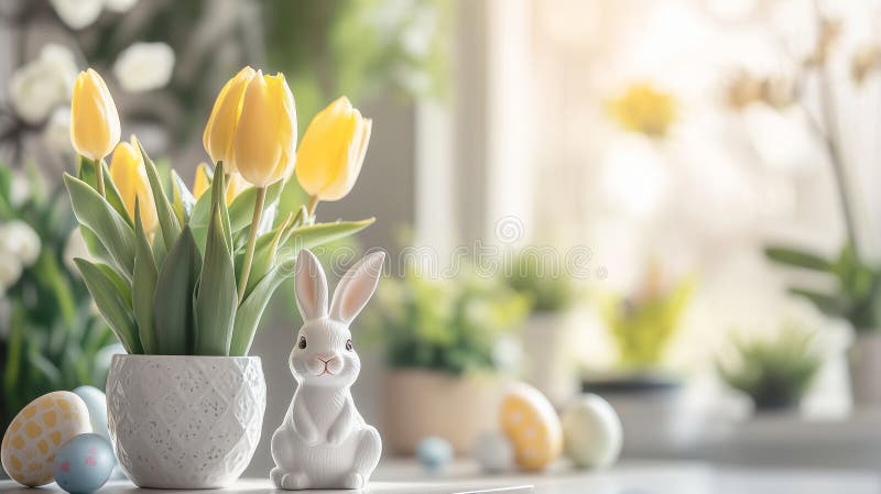 Spring-inspired Easter Display with Fresh Yellow Tulips, Ceramic Bunny ...