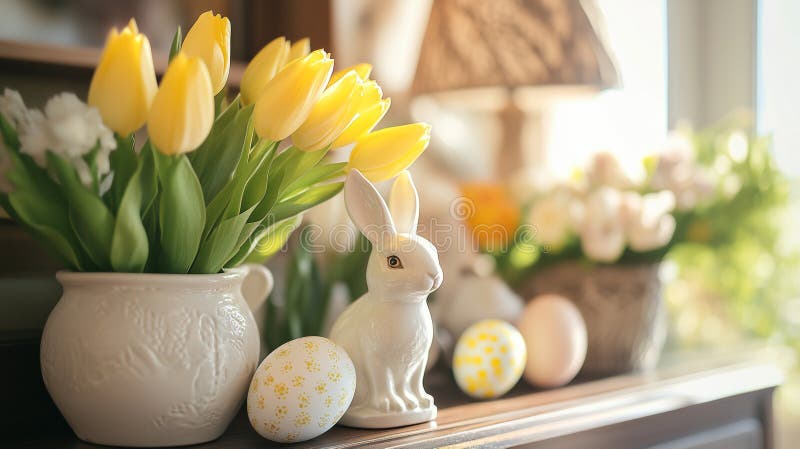 Spring-inspired Easter Display with Fresh Yellow Tulips, Ceramic Bunny ...