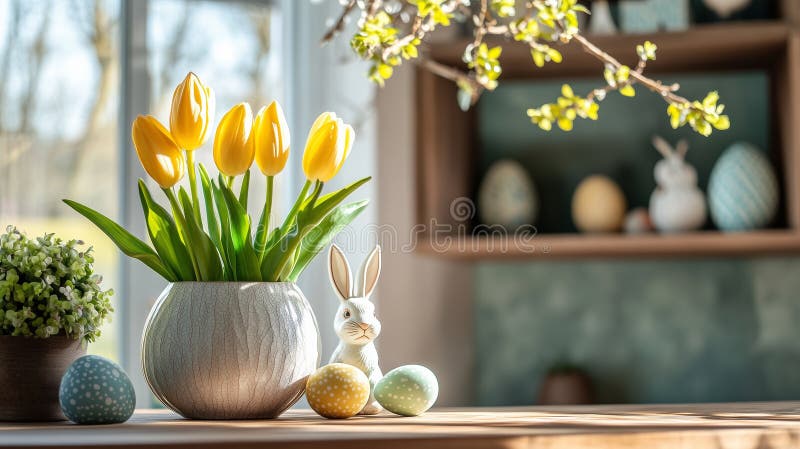 Spring-inspired Easter Display with Fresh Yellow Tulips, Ceramic Bunny ...