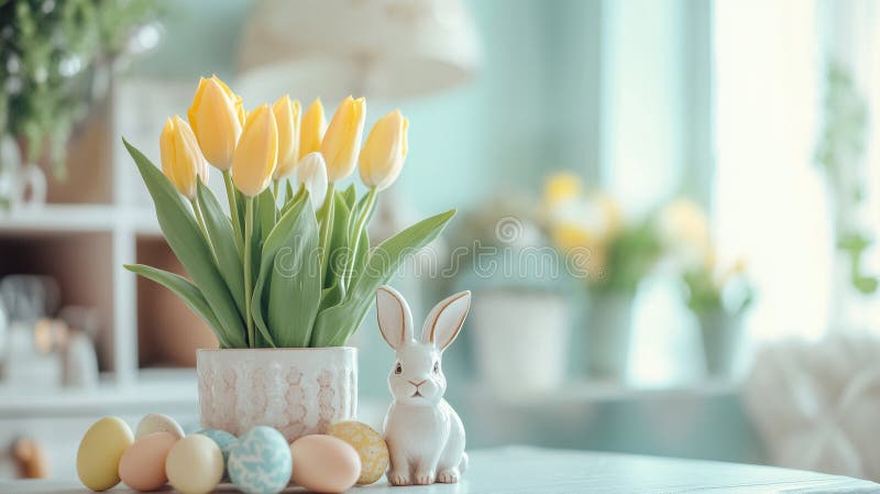 Spring-inspired Easter Display with Fresh Yellow Tulips, Ceramic Bunny ...