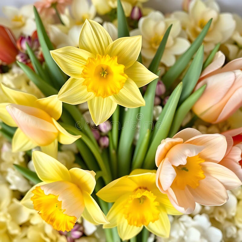 A Spring Inspired Floral Texture with Daffodils and Tulips in Cheerful ...