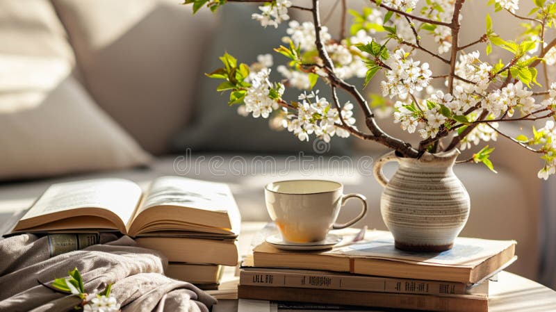 Spring Interior Still Life. Cup of Coffee, Tea on Pile of Books. Round ...